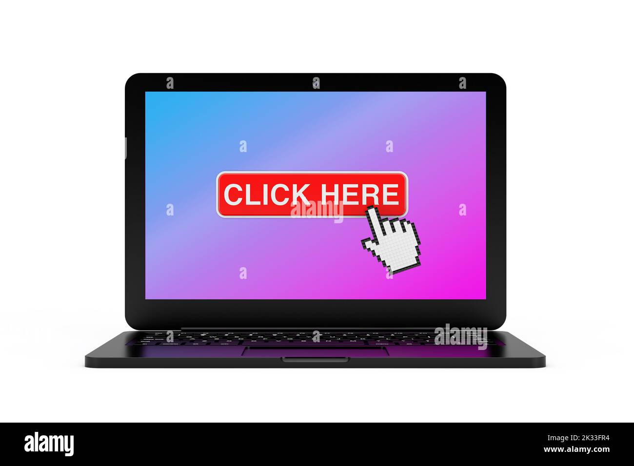 Modern Laptop Computer with Click Here Link to Website Button and Pixel Hand Click Cursor on a ...