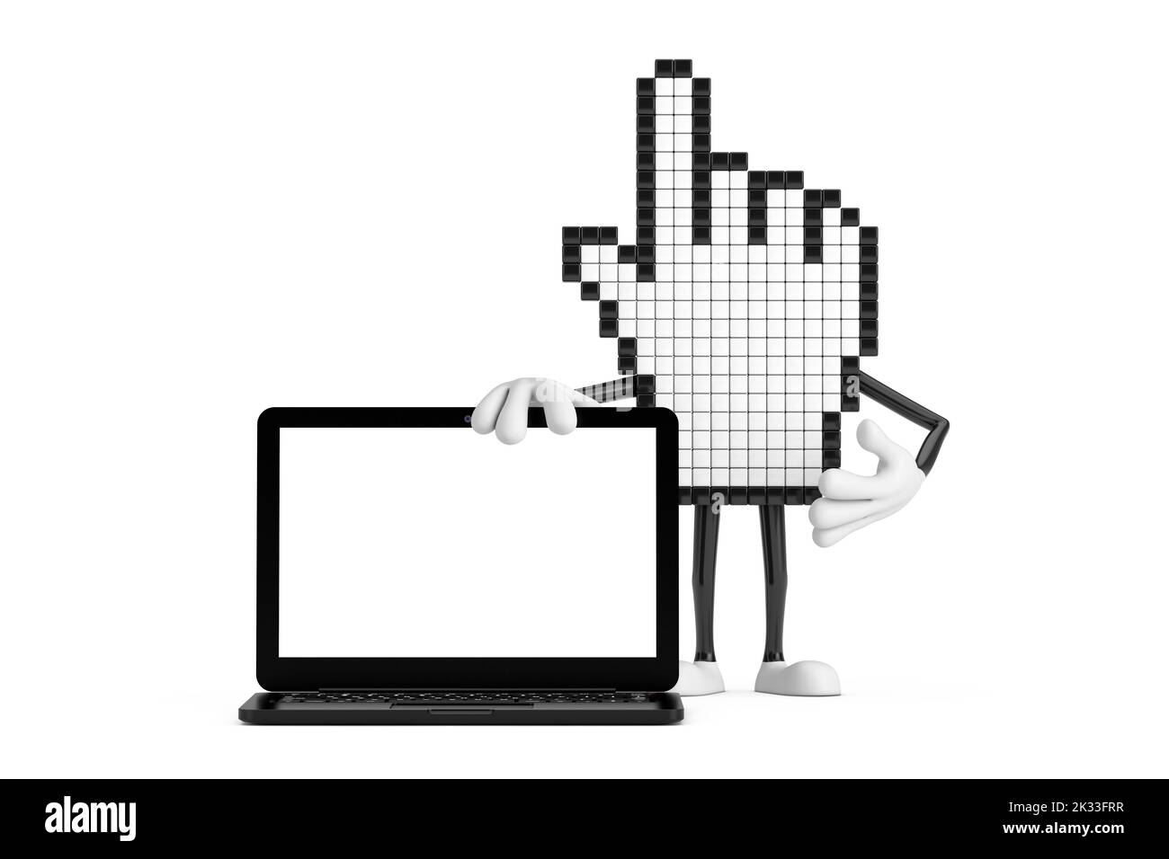 Pixel Hand Cursor Mascot Person Character with Modern Laptop Computer ...