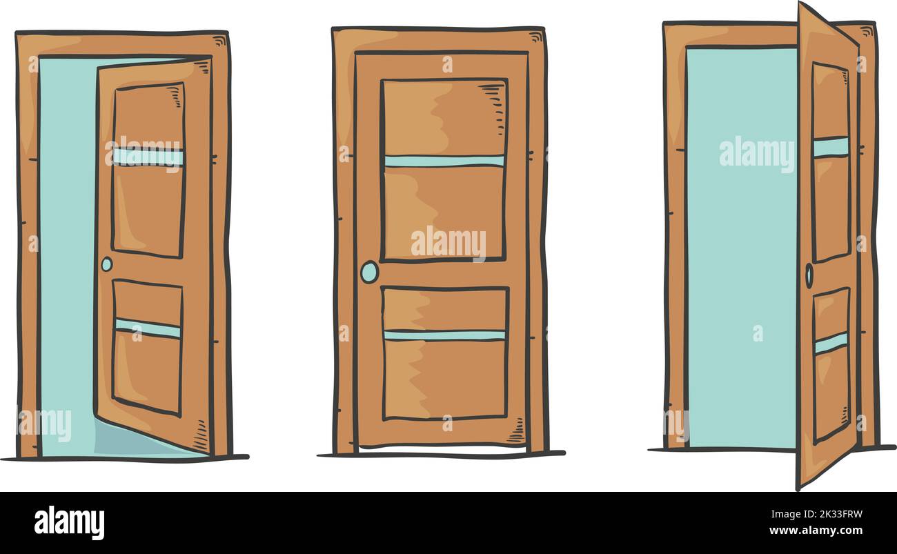 Set of cartoon doors, closed and open, isolated on white. Vector ...
