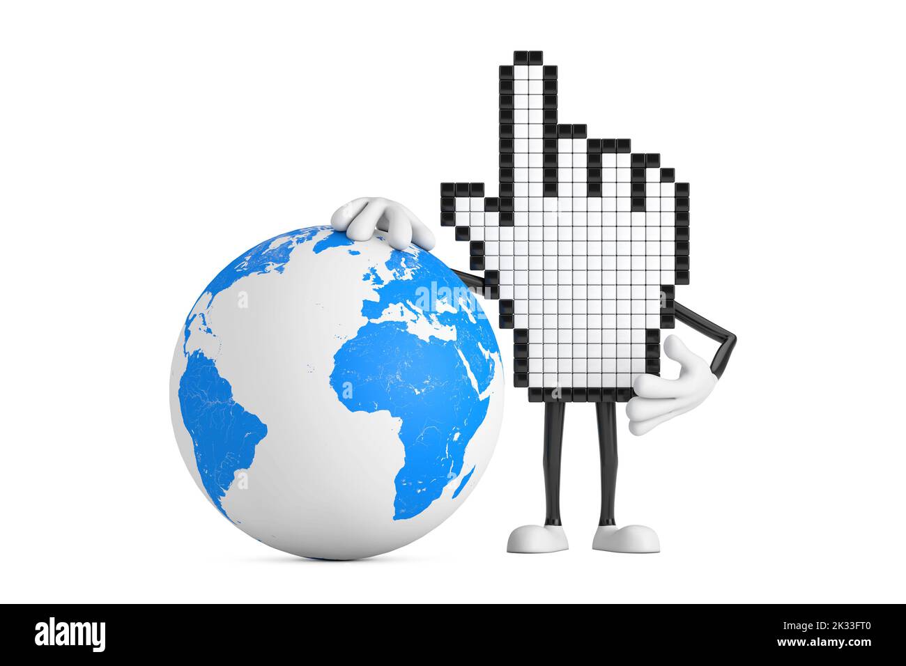 Pixel Hand Cursor Mascot Person Character with Earth Globe on a white background. 3d Rendering ...