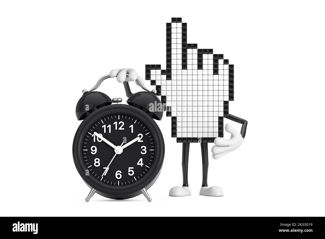 Pixel Hand Cursor Mascot Person Character with Alarm Clock on a white ...