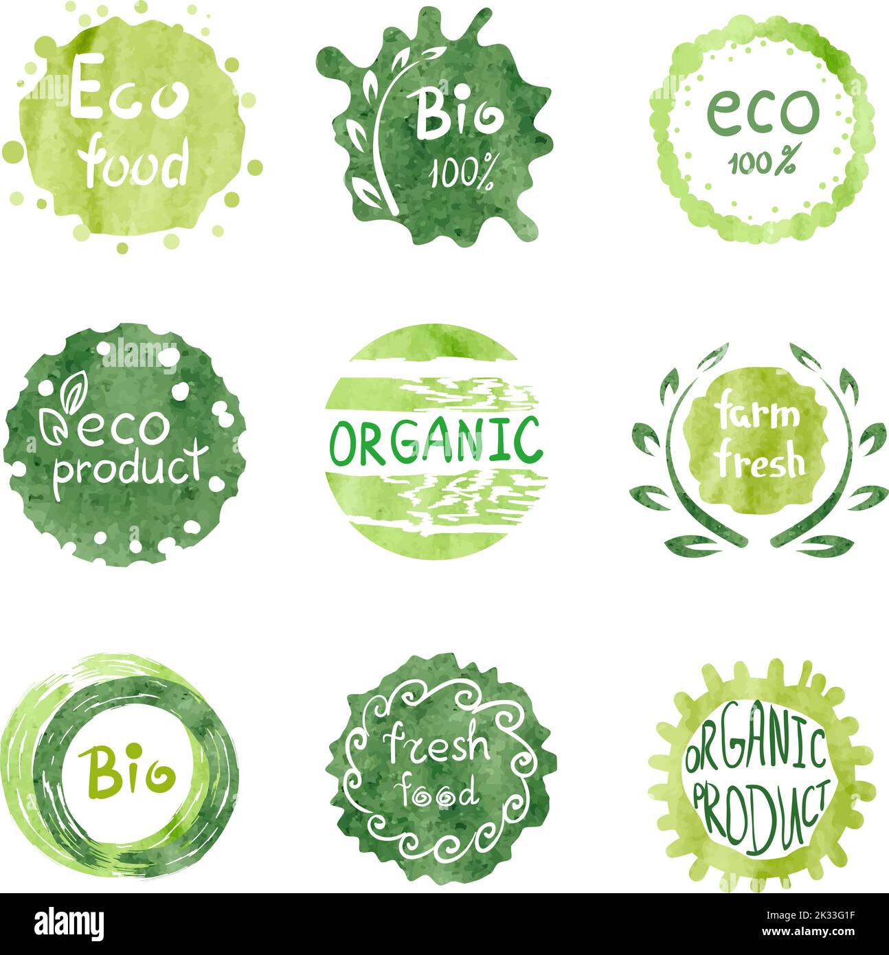 Watercolor Green Eco Food Labels Set Vector Collection Of Hand Drawn