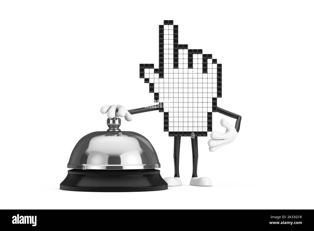 Pixel Hand Cursor Mascot Person Character with Hotel Service Bell Call on a white background. 3d ...