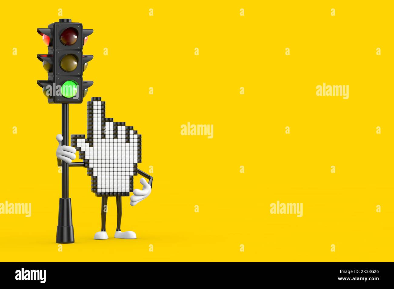 Pixel Hand Cursor Mascot Person Character with Traffic Green Light on a yellow background. 3d ...
