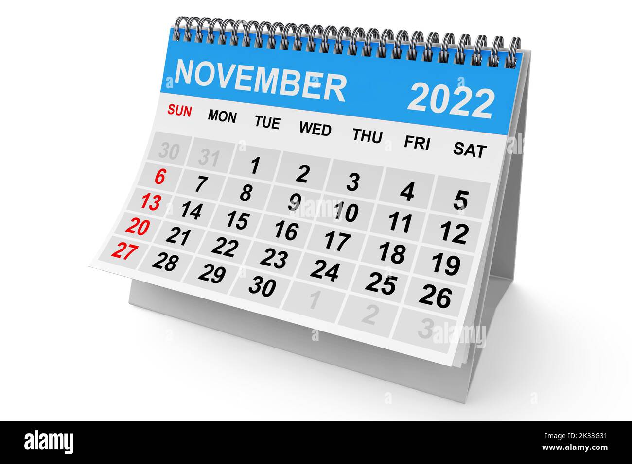 2022 Year November Calendar on a white background. 3d Rendering Stock ...