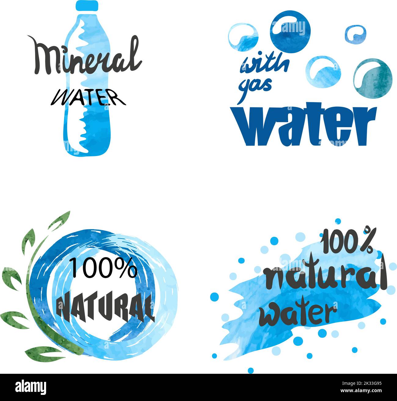 Set of hand drawn watercolor symbols and signs of pure water. Vector ...