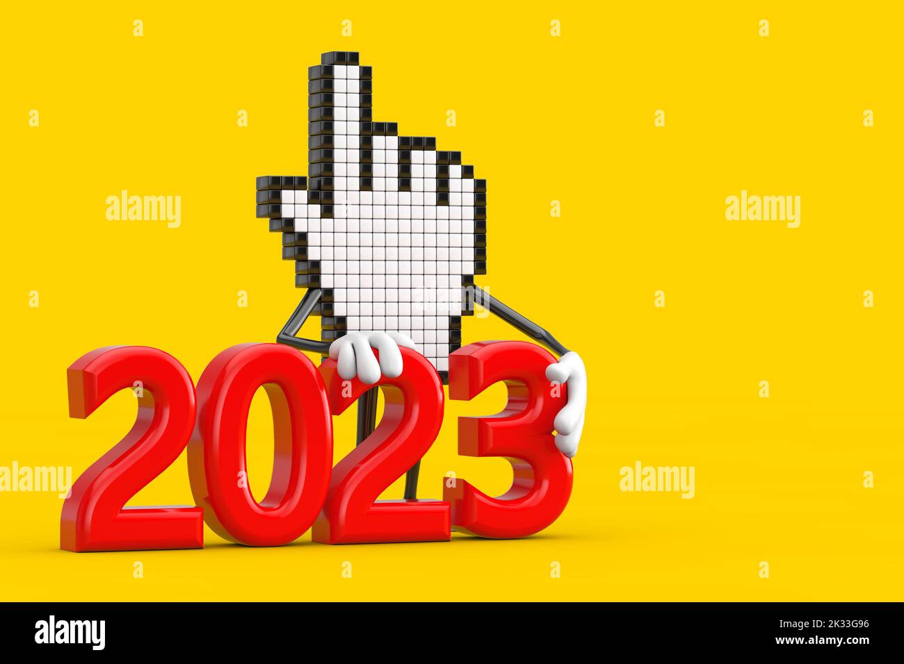 Pixel Hand Cursor Mascot Person Character with 2023 New Year Sign on a yellow background. 3d ...