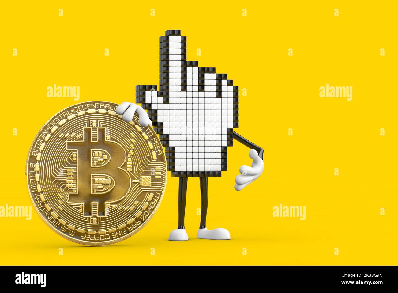 Pixel Hand Cursor Mascot Person Character with Digital and Cryptocurrency Golden Bitcoin Coin on ...
