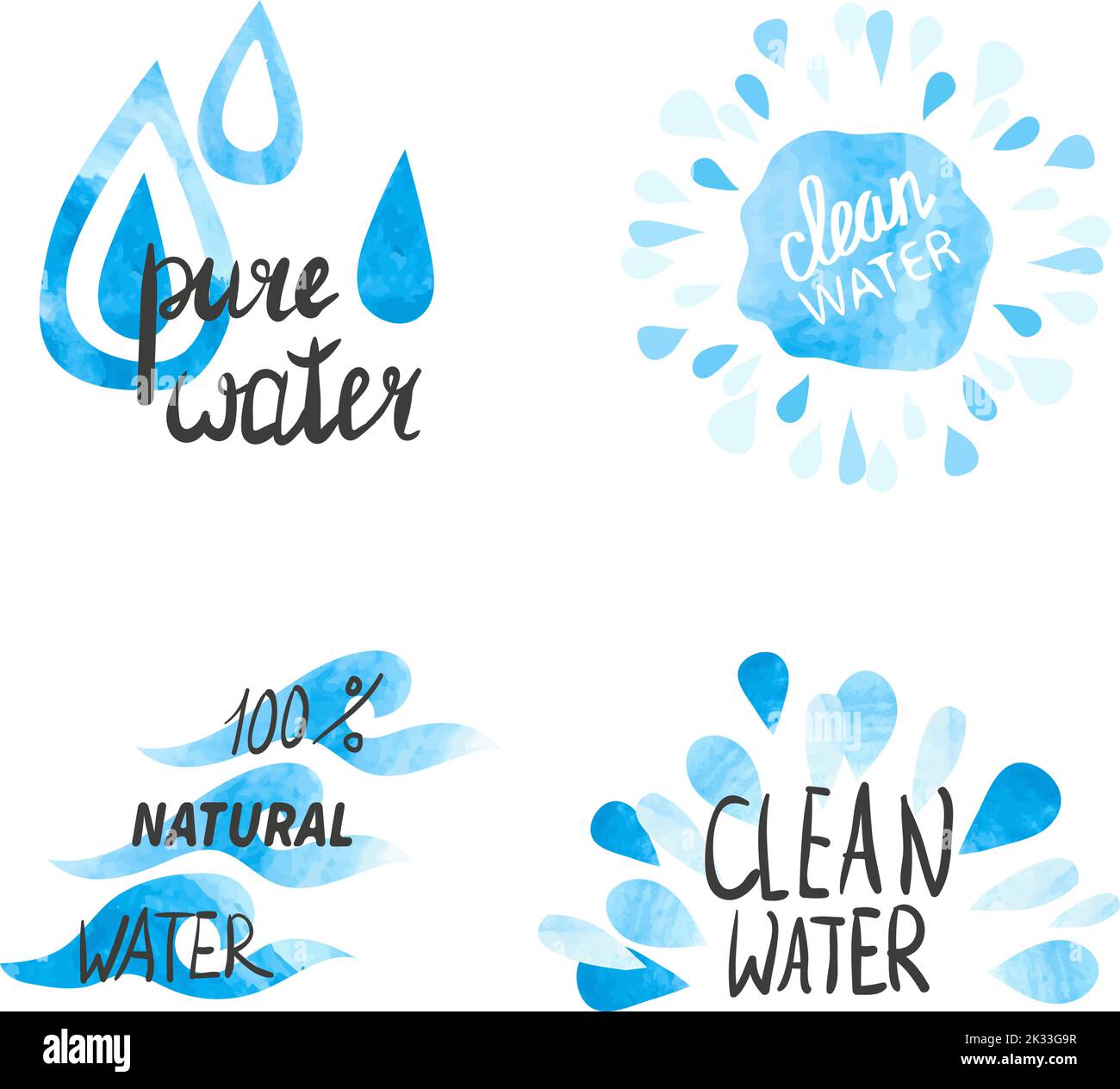 Set of hand drawn watercolor symbols and signs of pure water. Vector ...