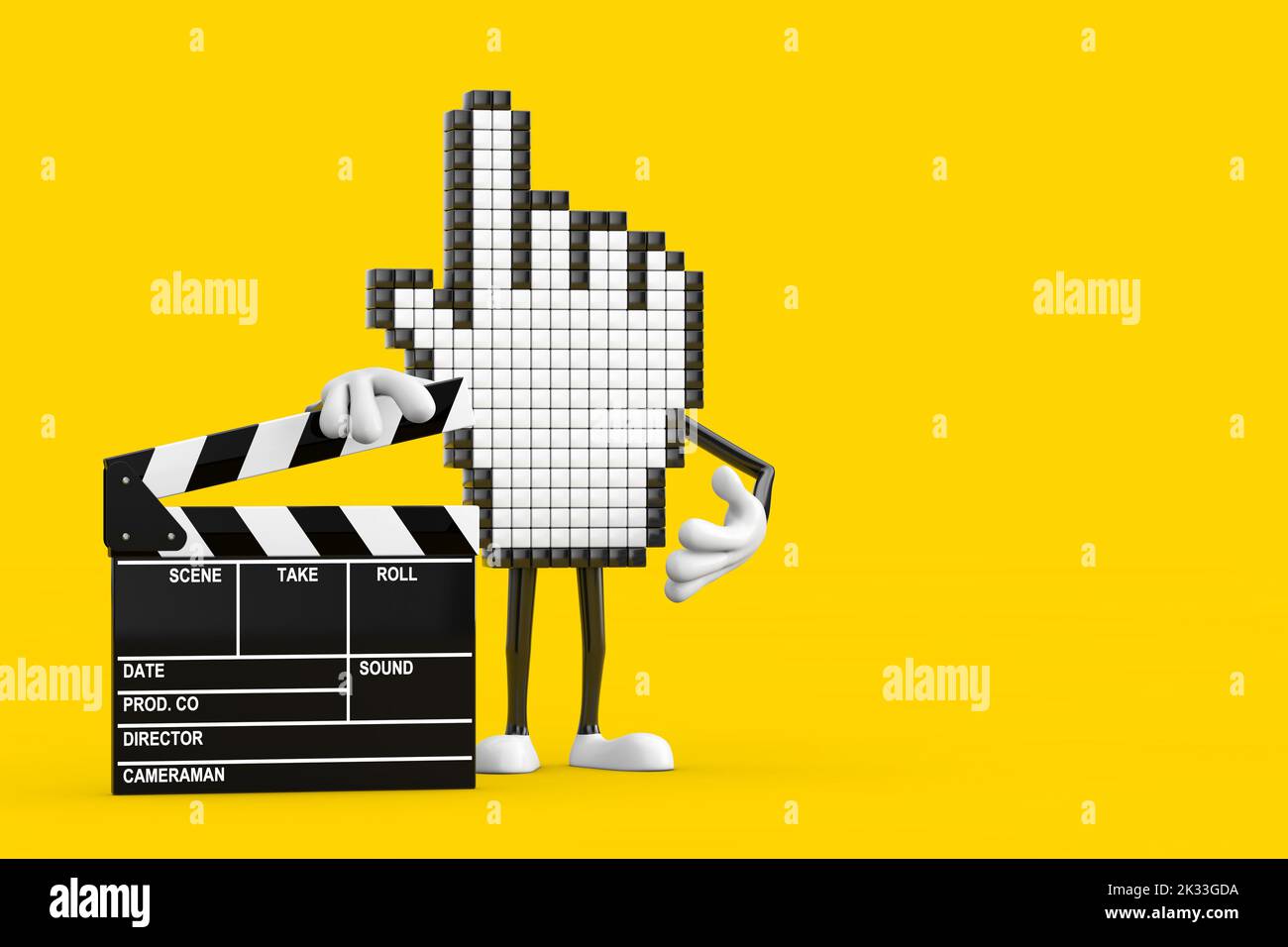 Pixel Hand Cursor Mascot Person Character with Movie Clapper Board on a yellow background. 3d ...