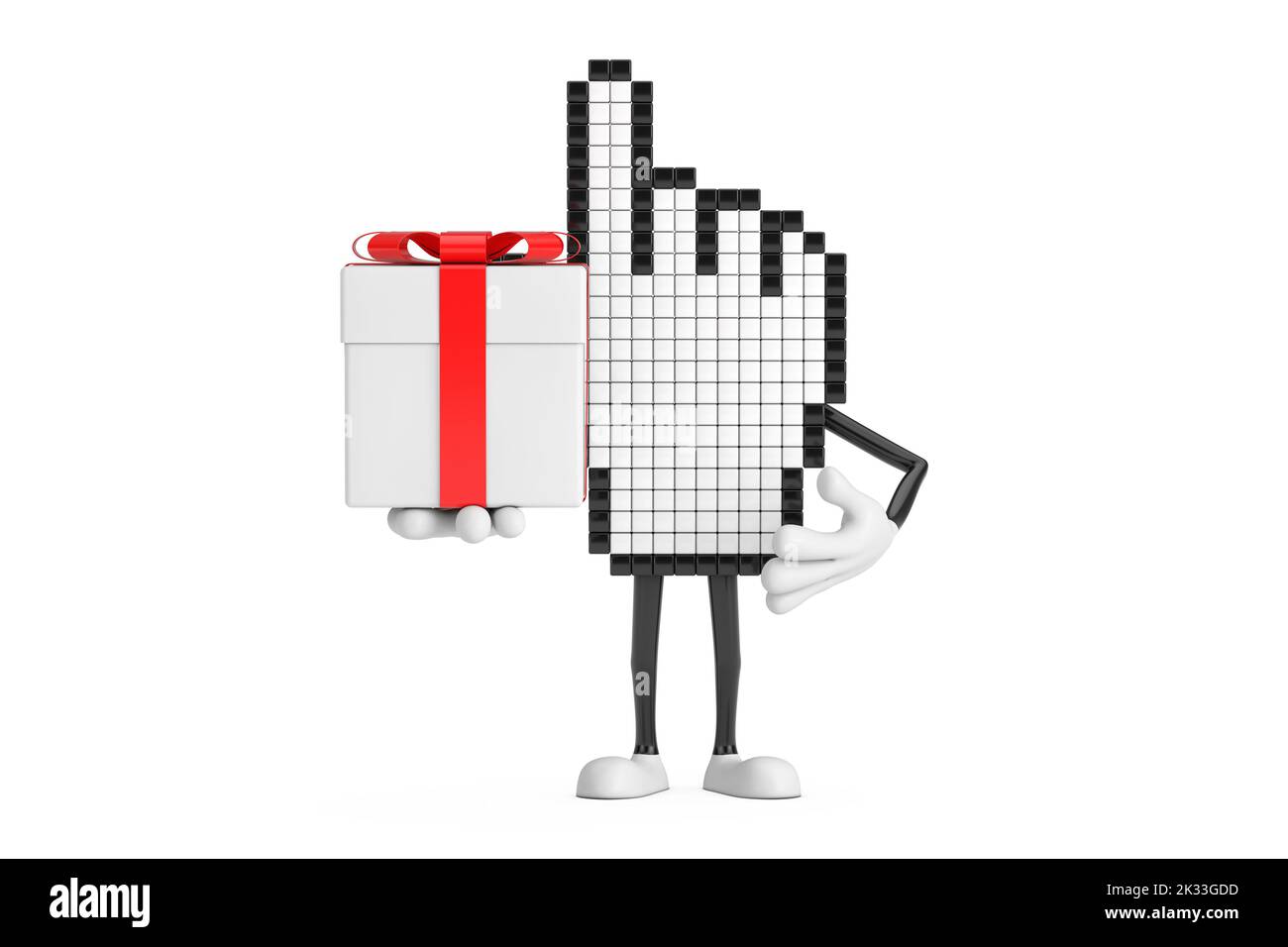 Pixel Hand Cursor Mascot Person Character and Gift Box with Red Ribbon ...