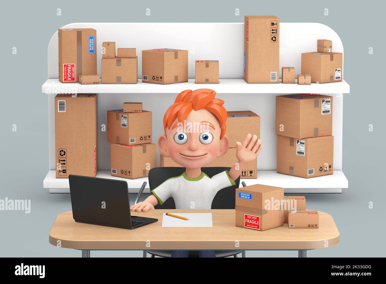 Cartoon Little Boy Teen Person Character Mascot in Warehouse or Post ...