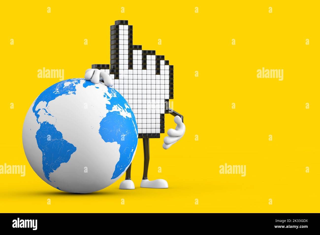 Pixel Hand Cursor Mascot Person Character with Earth Globe on a yellow background. 3d Rendering ...