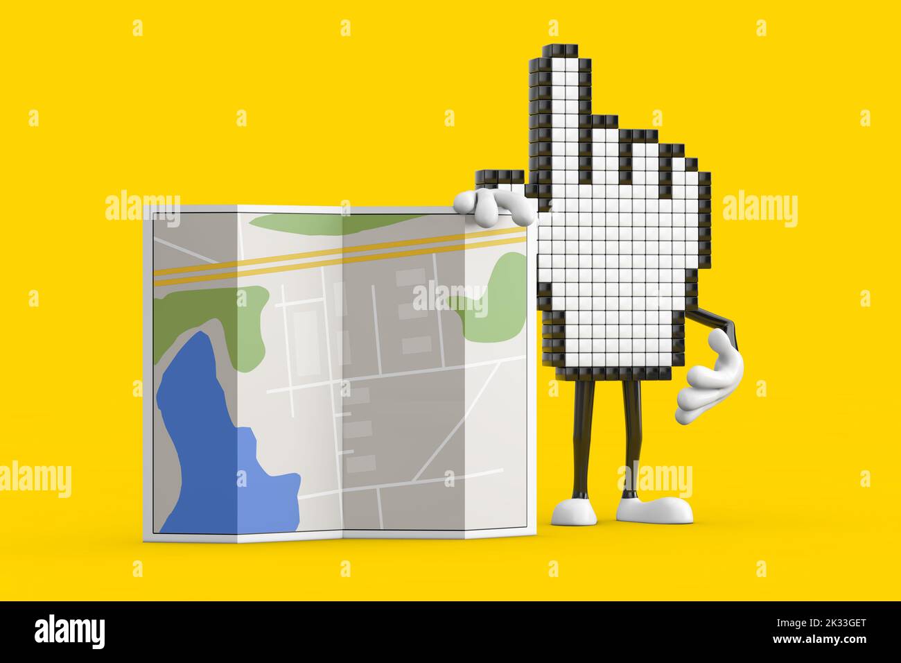 Pixel Hand Cursor Mascot Person Character with Abstract City Plan Map on a yellow background. 3d ...