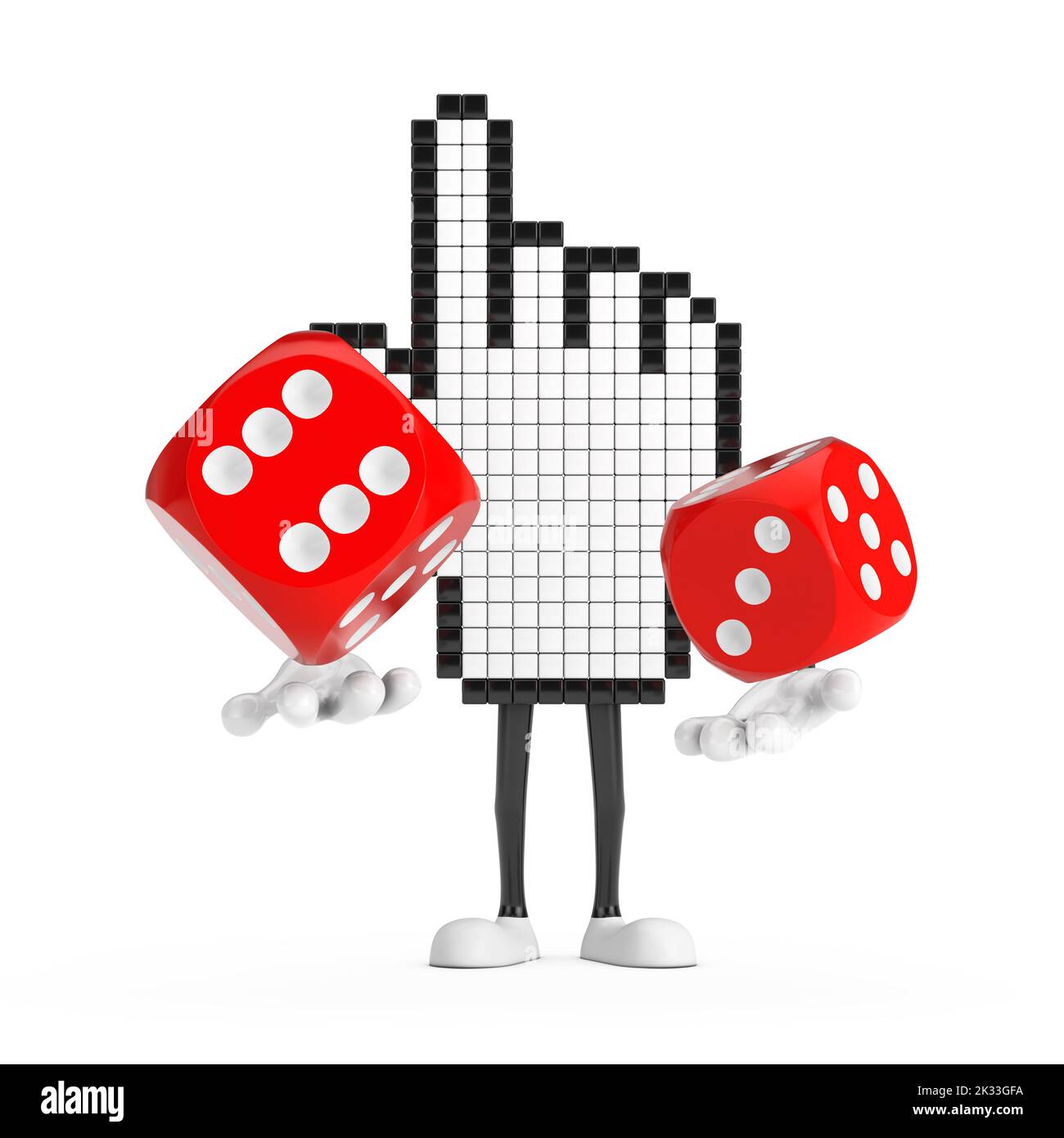 Pixel Hand Cursor Mascot Person Character with Red Game Dice Cubes in ...