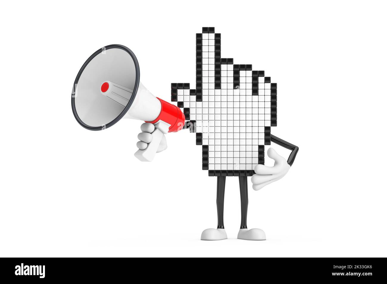 Pixel Hand Cursor Mascot Person Character with Red Retro Megaphone on a white background. 3d ...
