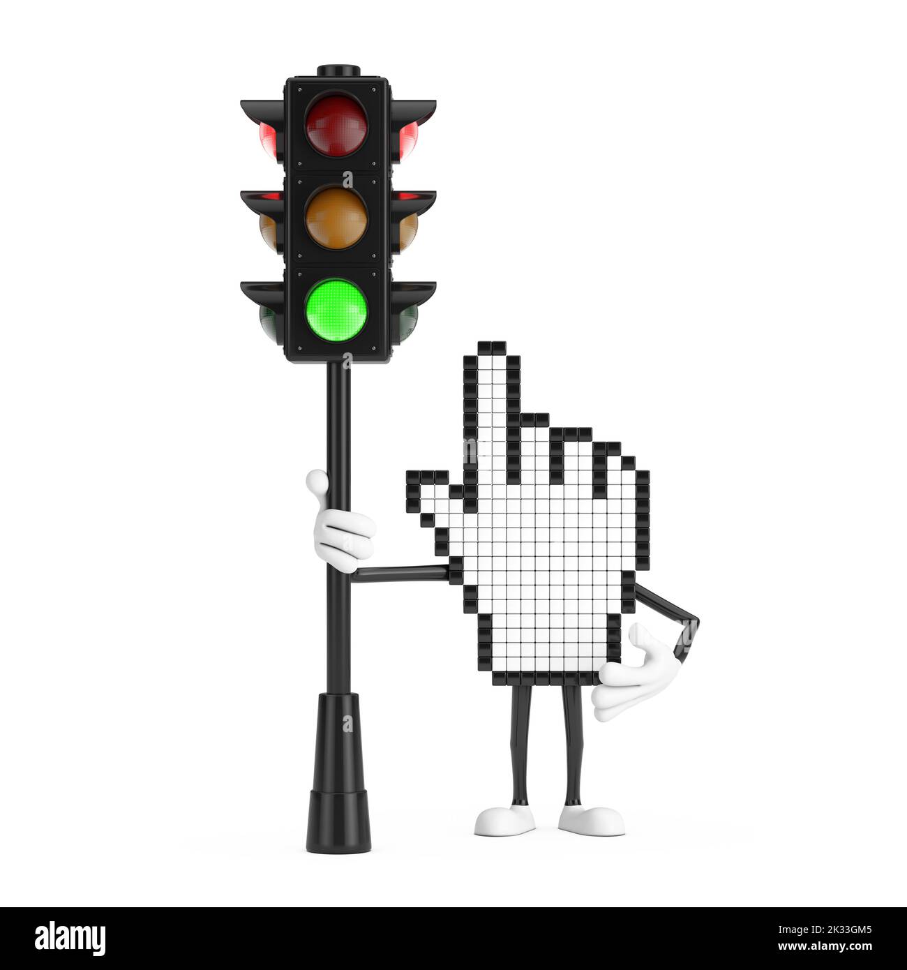 Pixel Hand Cursor Mascot Person Character with Traffic Green Light on a white background. 3d ...