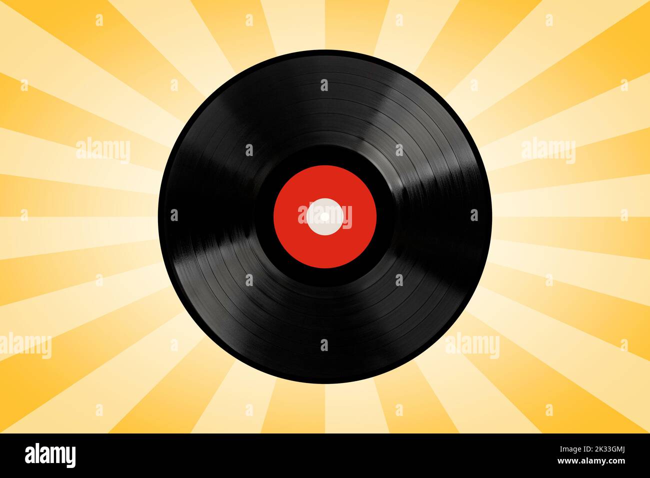 Black Vinyl Record with Red Blank Label on a Yellow Abstract Sunburst ...