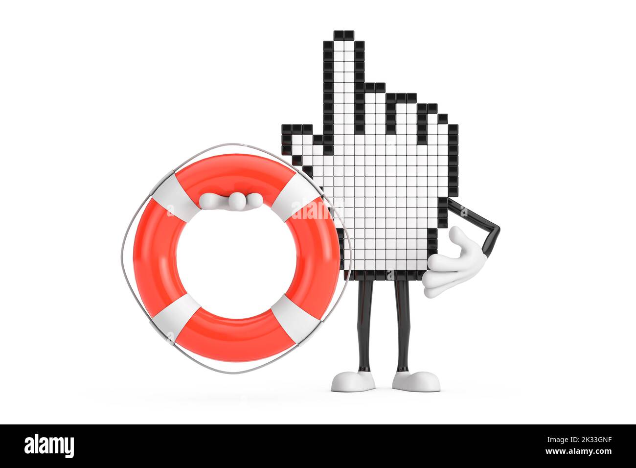 Pixel Hand Cursor Mascot Person Character with Life Buoy on a white ...