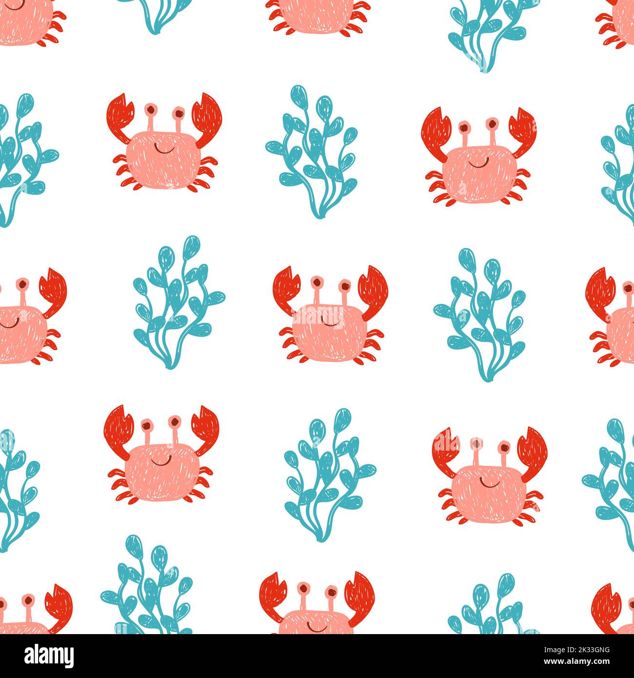 Cute doodle crabs seamless pattern. Vector sea background in pink and ...