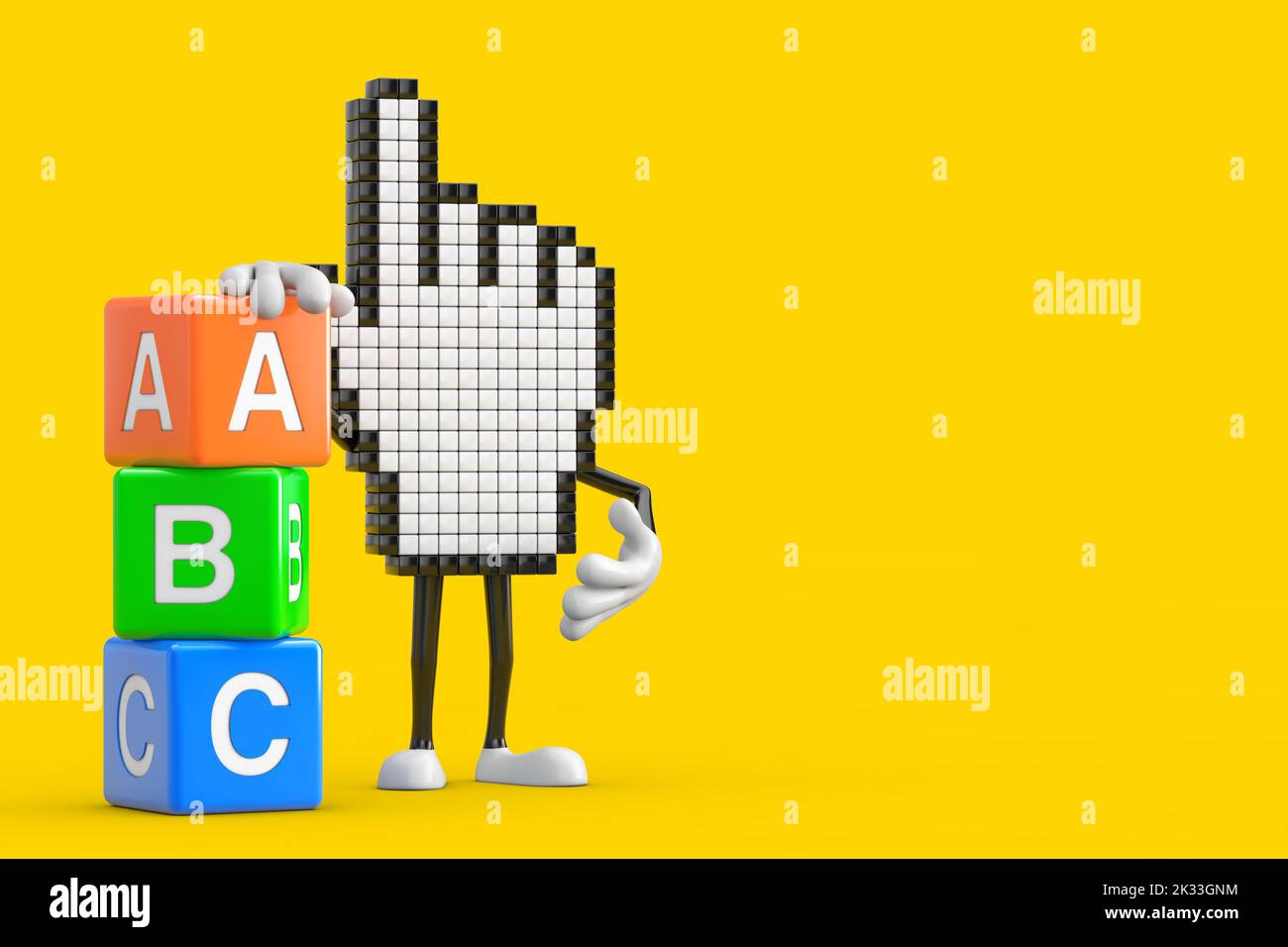 Pixel Hand Cursor Mascot Person Character with Alphabet ABC Education Cubes on a yellow ...