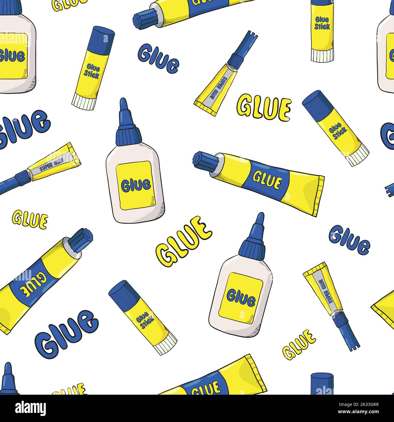 Cartoon glue seamless pattern. Vector background with glue tubes, bottles and sticks isolated on ...