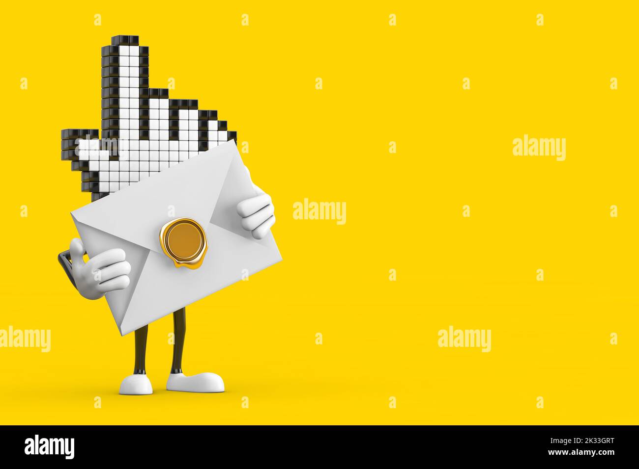 Pixel Hand Cursor Mascot Person Character with White Blank Envelope on a yellow background. 3d ...