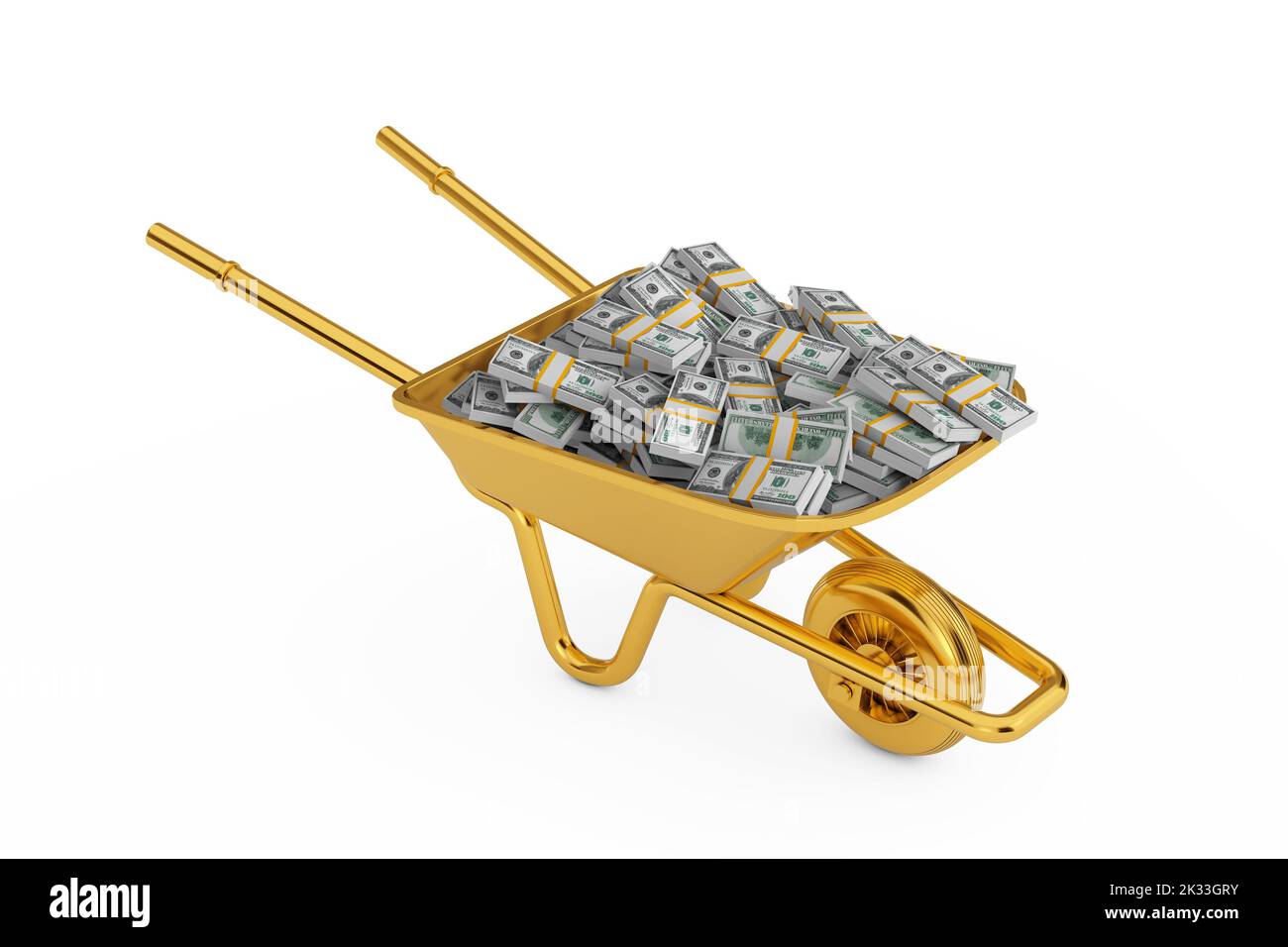 Pile of USD Money in a Golden Wheel Barrow on a white background. 3d ...