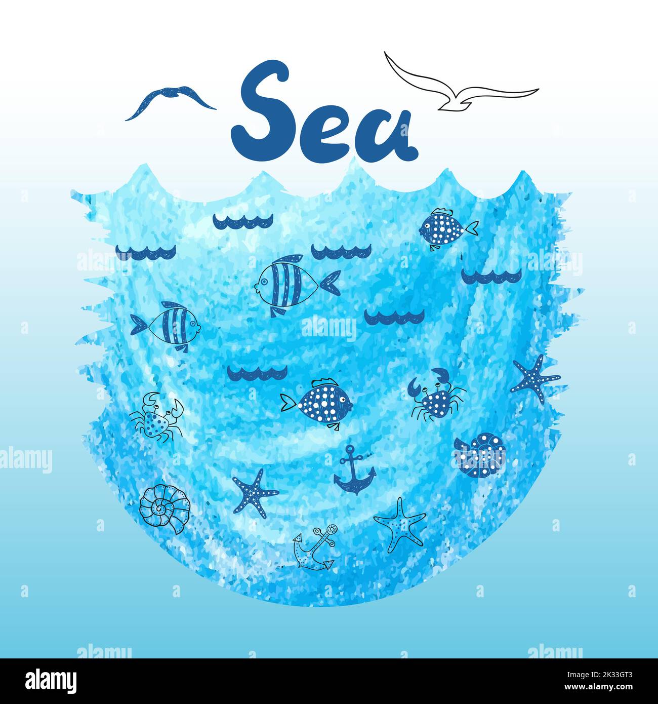 Sea vector background with doodle icons of fish, crabs, shells. Marine ...