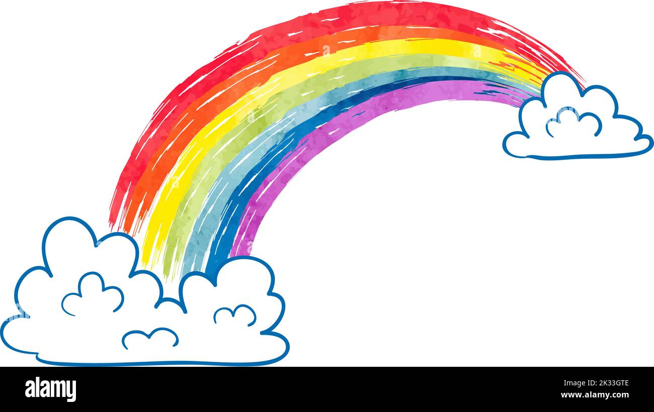 Watercolor cartoon rainbow and clouds isolated on white. Colorful ...