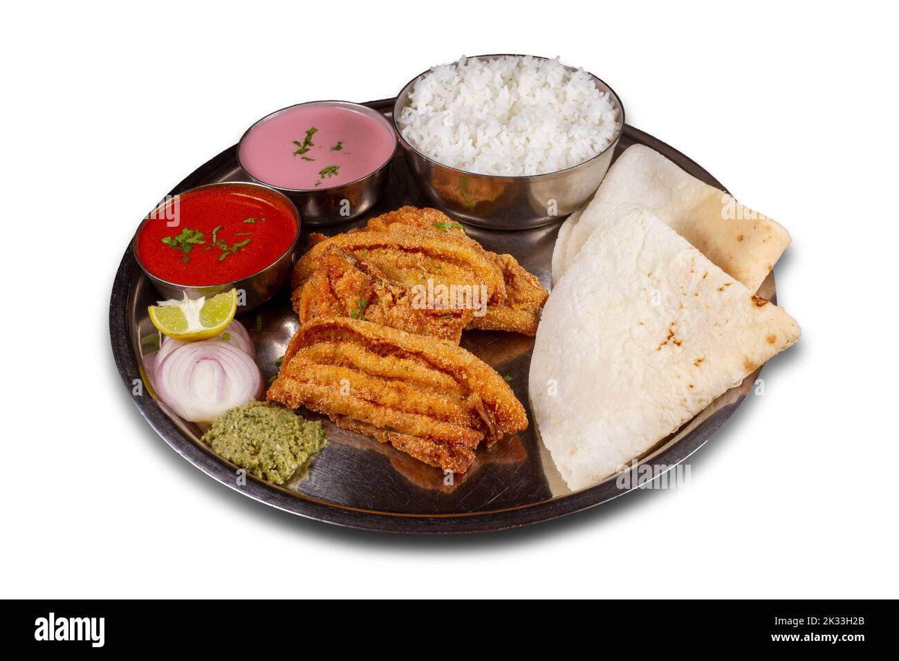 Bombay duck thali Served in a plate over white background. Selective ...