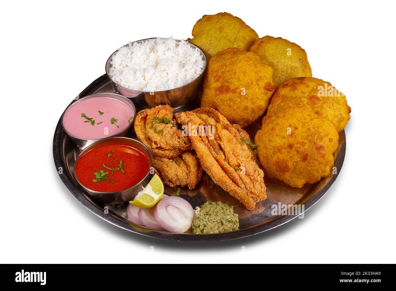 Bombay duck thali Served in a plate over white background. Selective ...