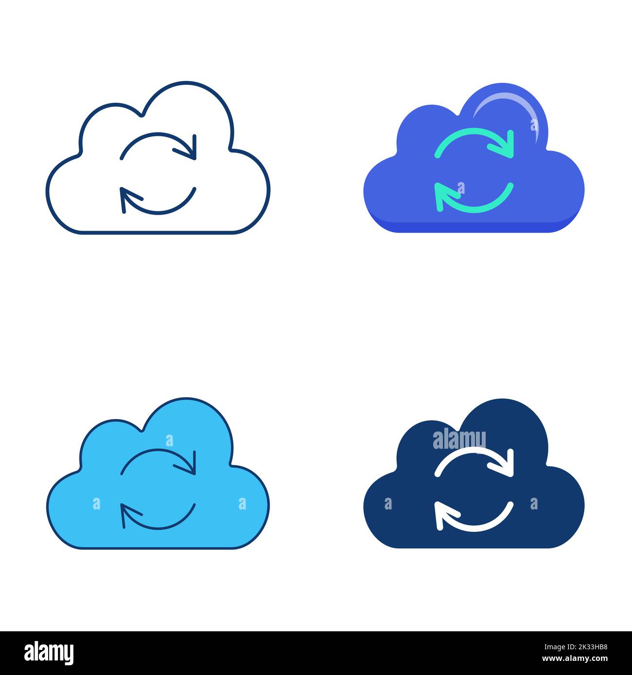 Synchronization icon set in flat and line style. Cloud with spinning arrows symbol. Data upload ...