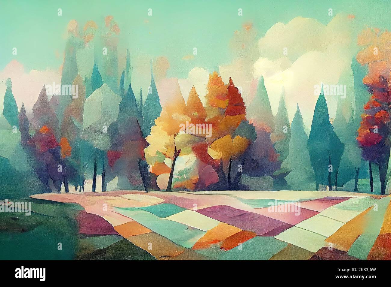 Autumn forest in soft pastel colors. Artistic effect painting with ...