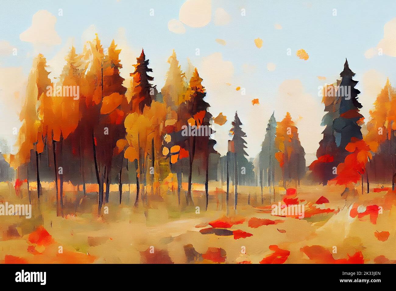 Abstract multicolored autumn forest landscape and falling leaves ...