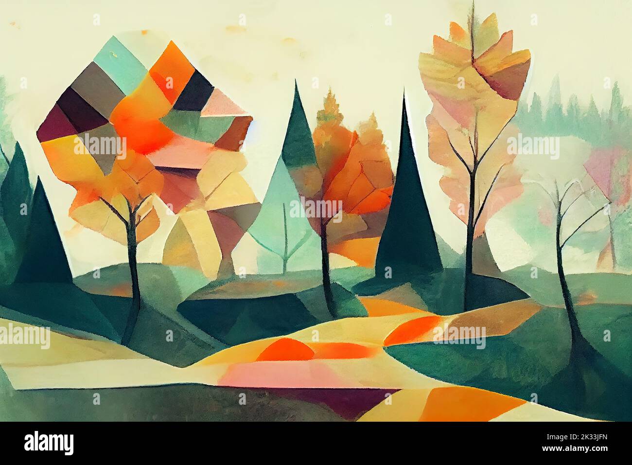 Autumn forest light pastel colors. Style Cubism. Artistic effect ...