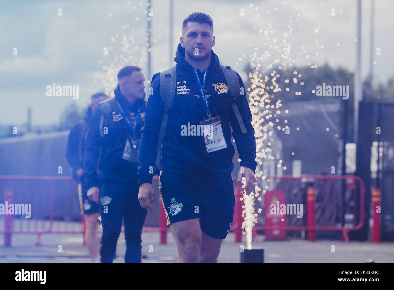 Tom Briscoe #20 of Leeds Rhinos arrives at Old Trafford Stadium in a ...