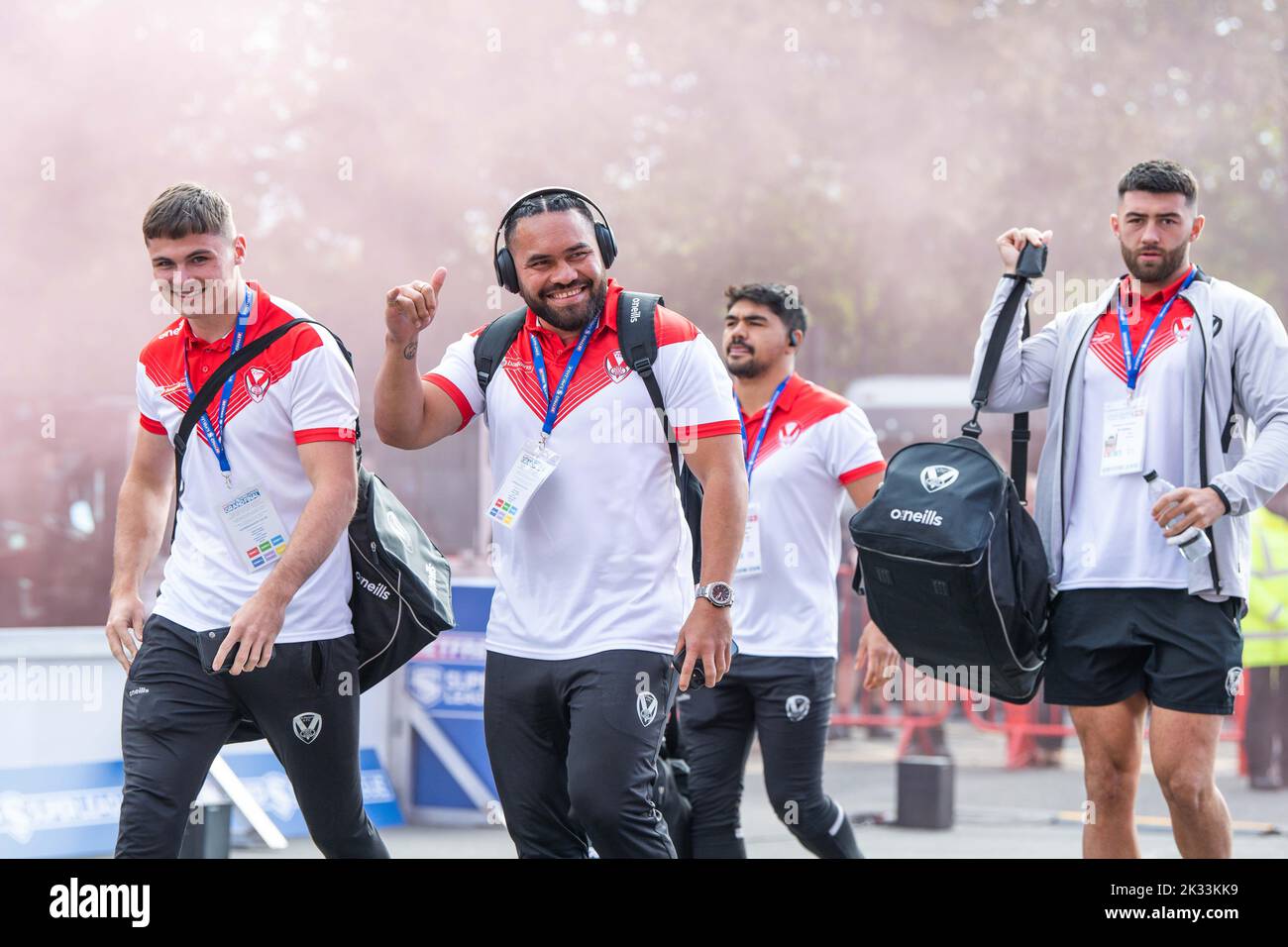 Konrad Hurrell #23 of St Helens arrives ahead of the 25th Betfred Super ...