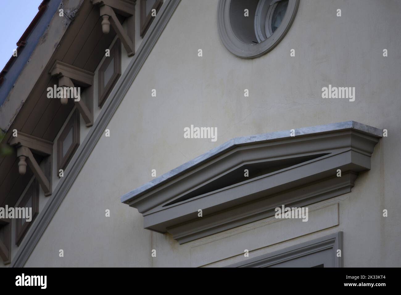 Scenic exterior wall and rooftop view of the Neoclassical style Dryades ...