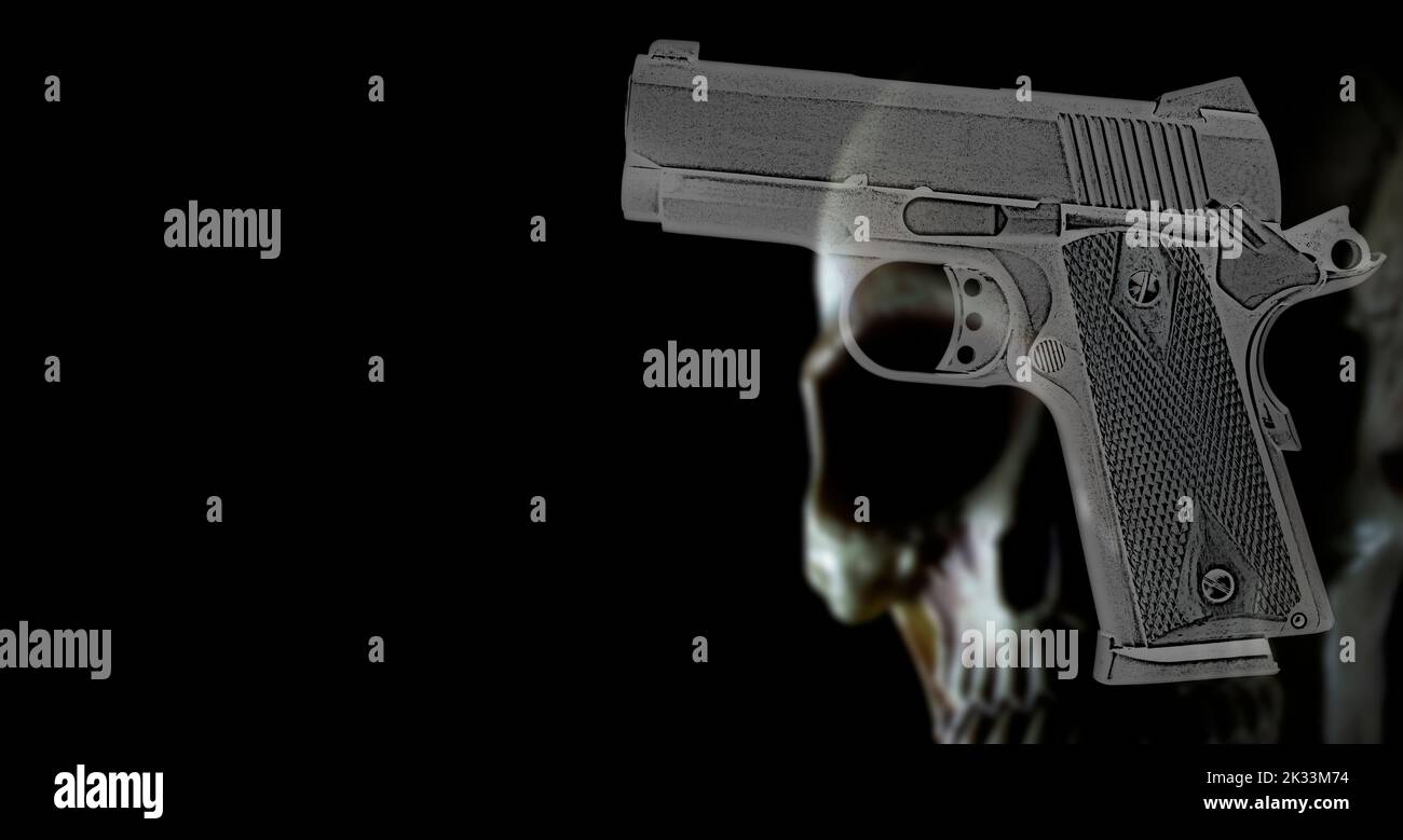 3D illustration of a ghost handgun with pistol and skull behind Stock ...
