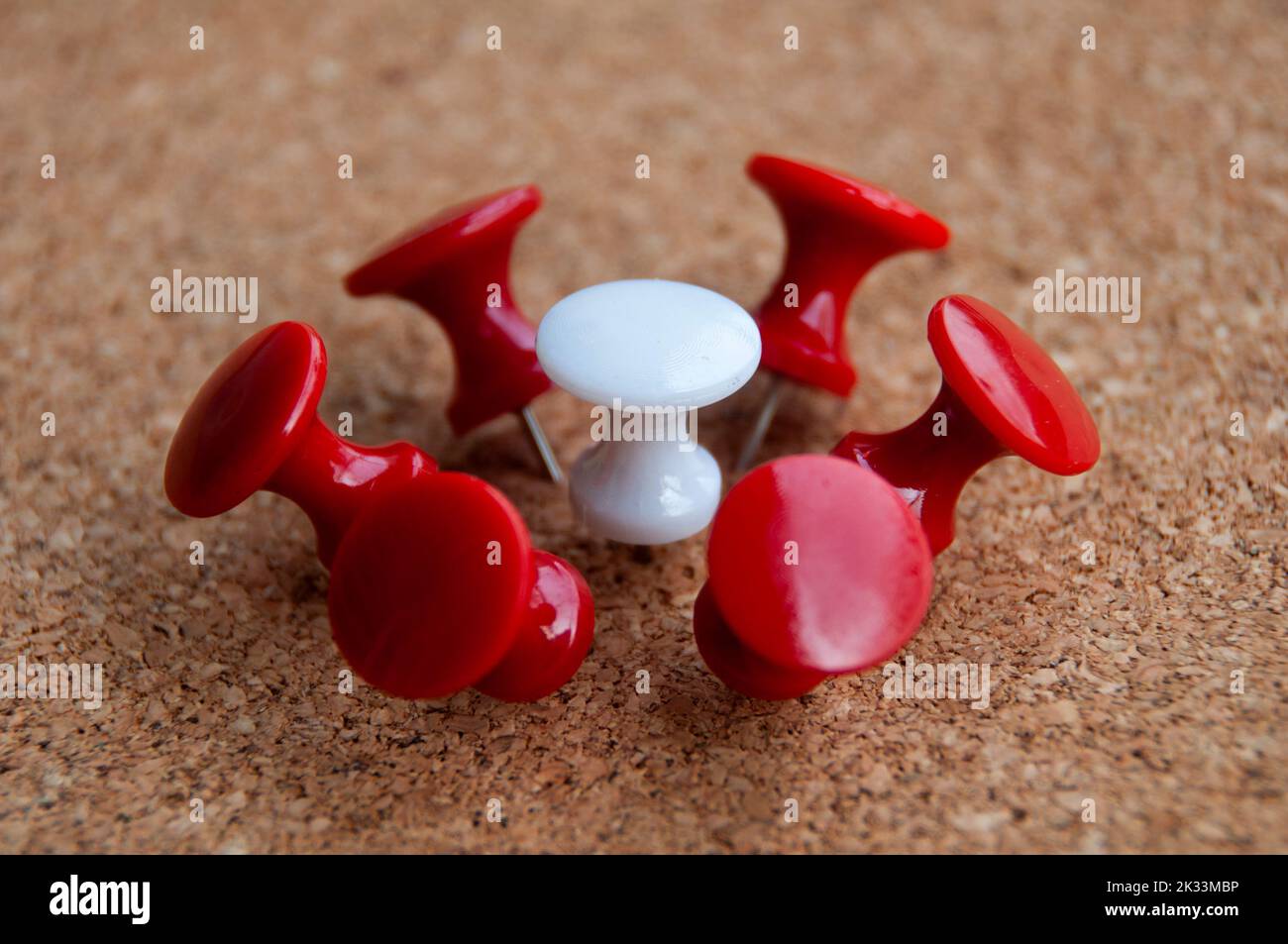 White push pin surrounded by red push pins. Harassment and ...