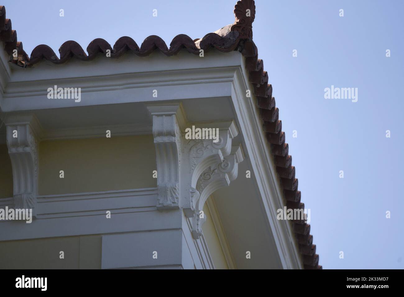 Scenic exterior wall and rooftop view of the Neoclassical style Dryades ...