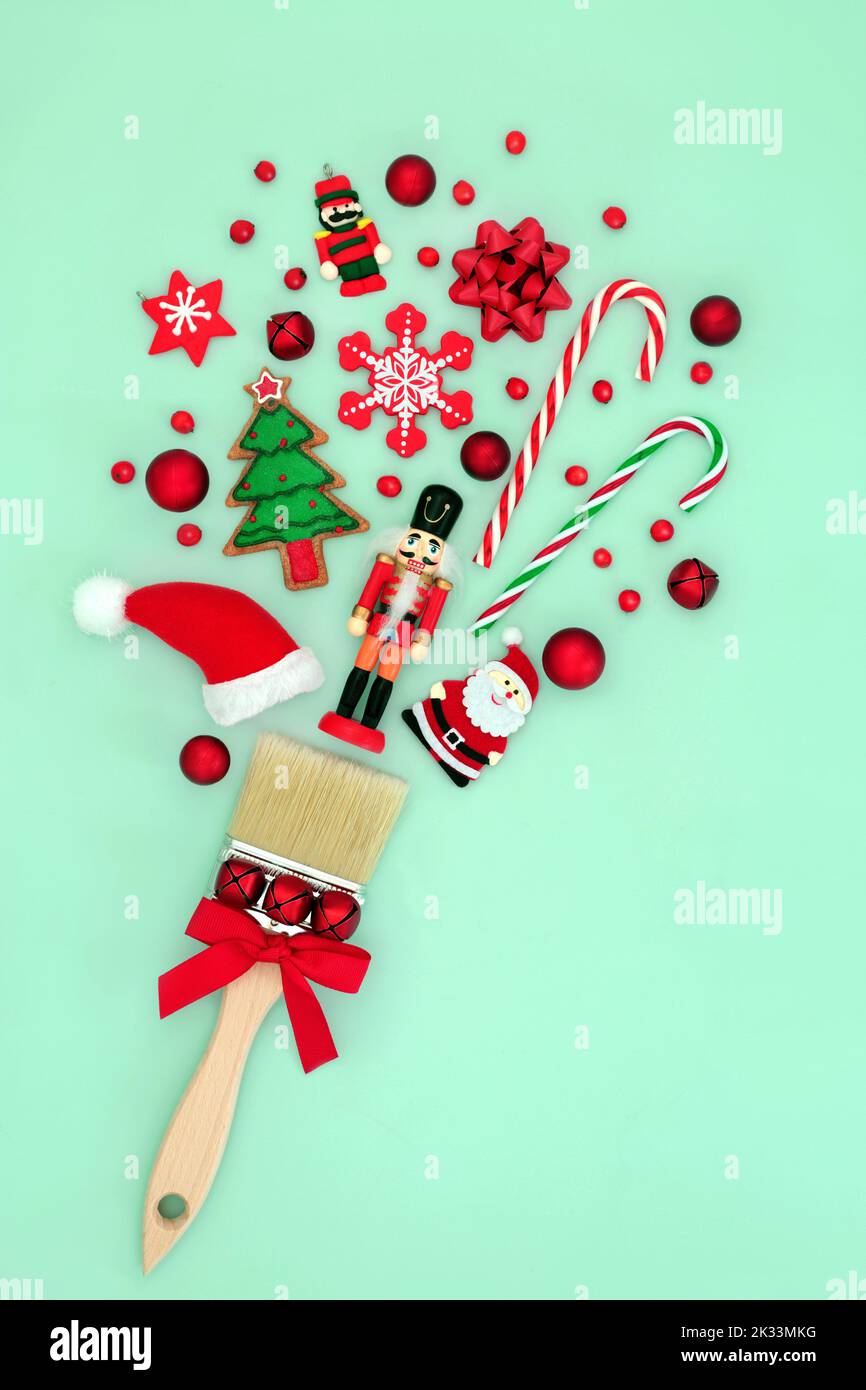 Christmas fun surreal paintbrush splatter concept with tree decorations ...