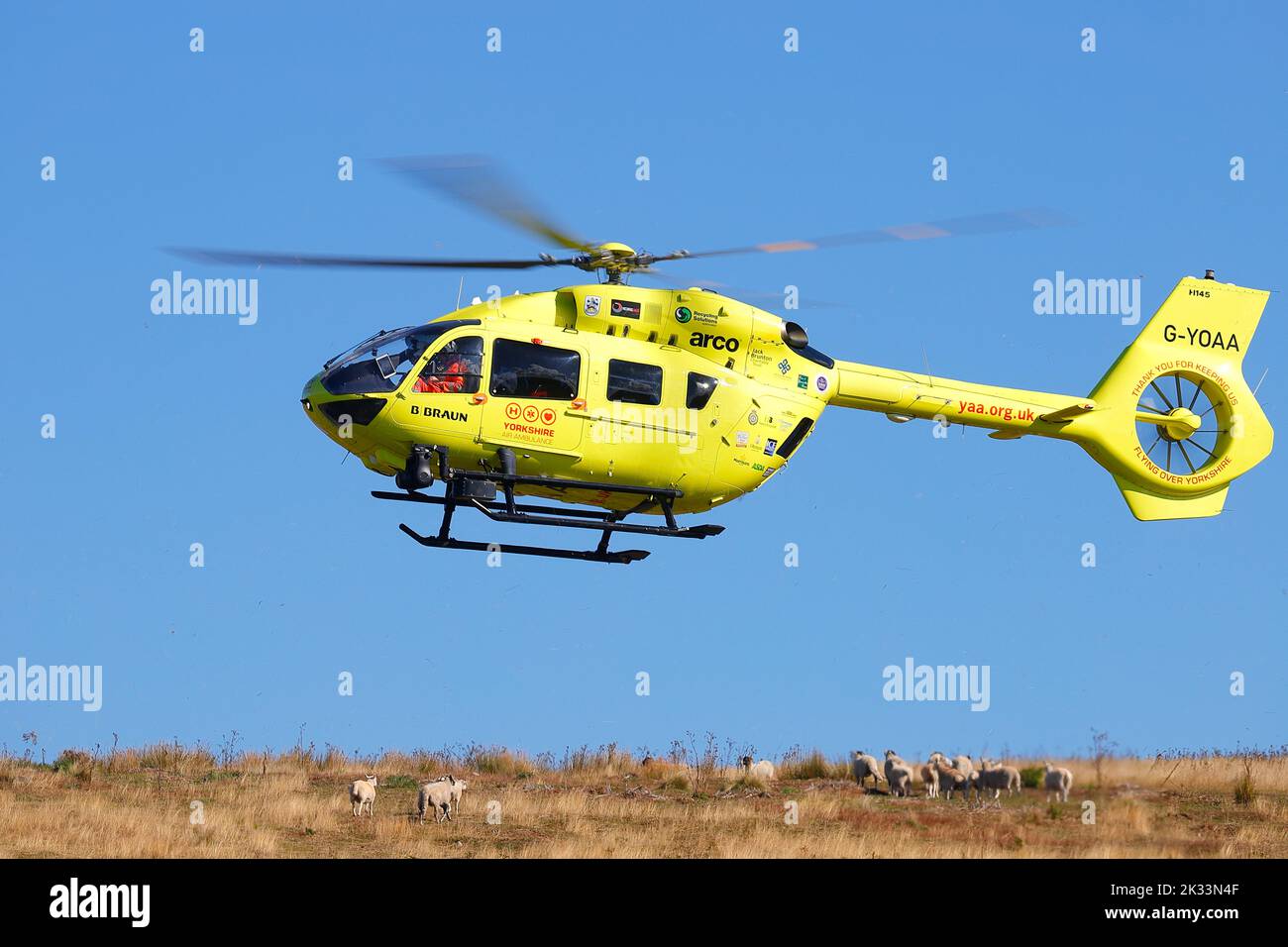 The Yorkshire Air Ambulance makes a landing on the North Yorkshire Moors, after a man fell from ...