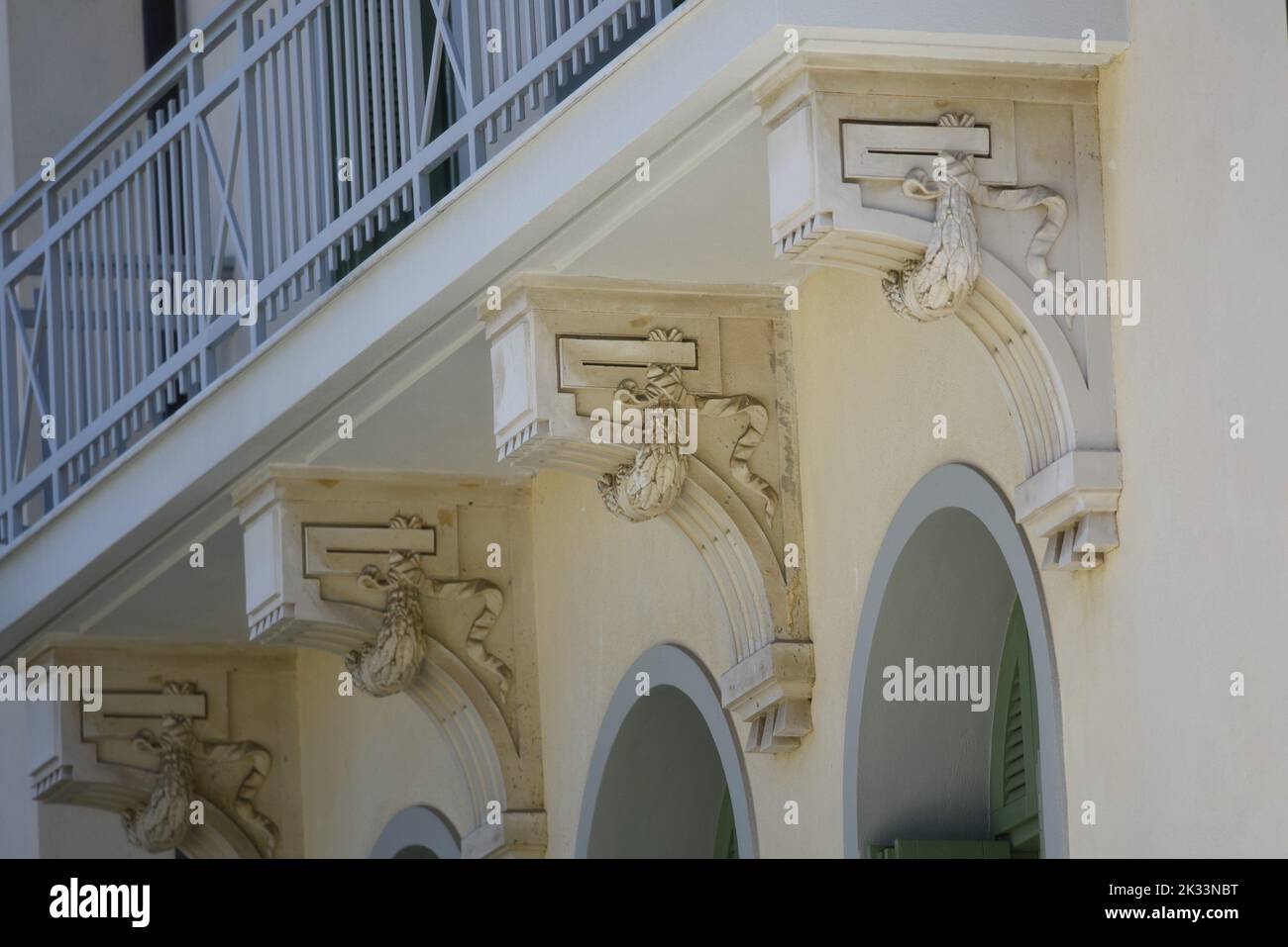 Scenic exterior wall and rooftop view of the Neoclassical style Dryades ...