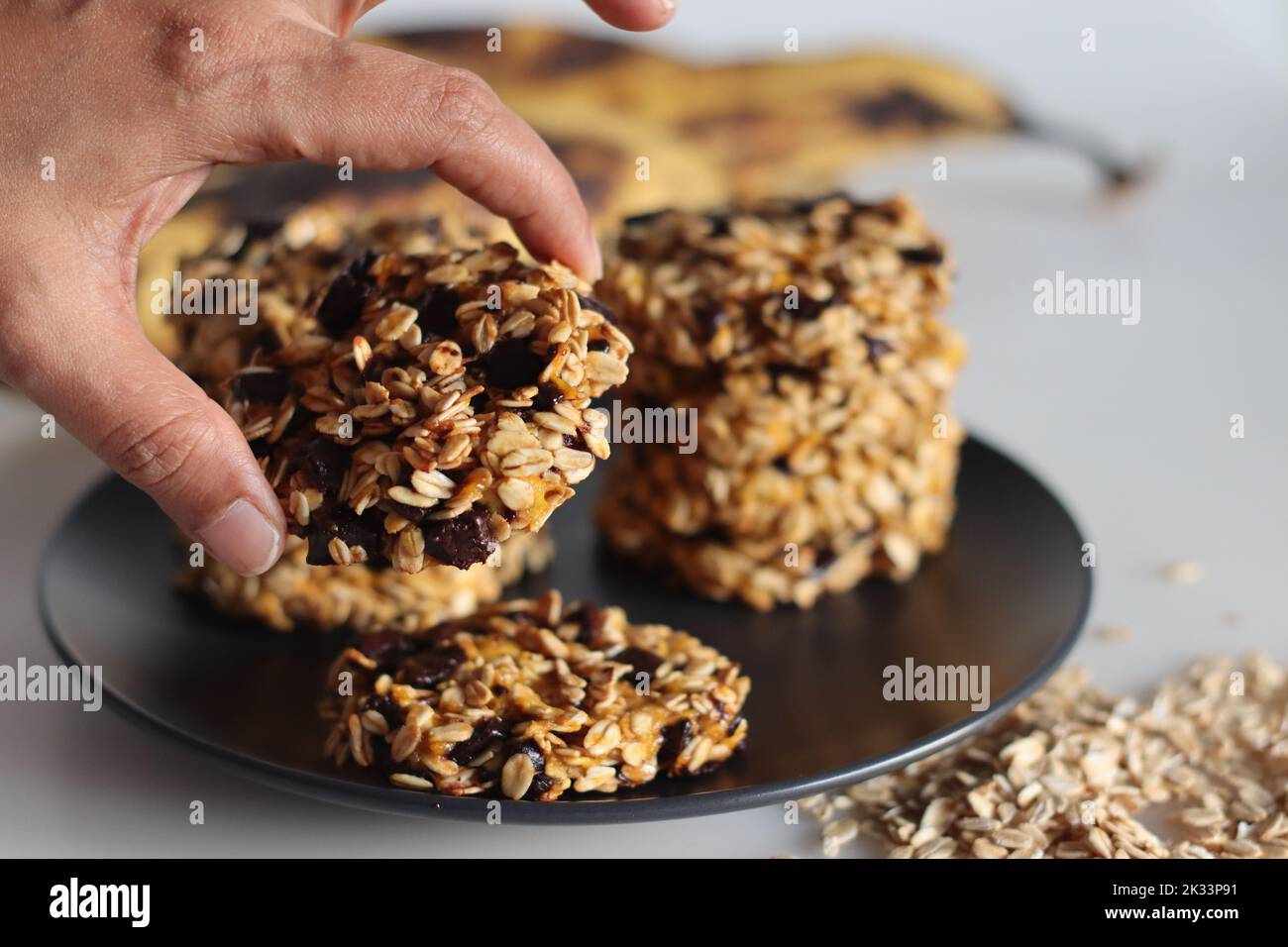 Healthy evening snacks made of rolled oats, pureed ripe plantains and ...