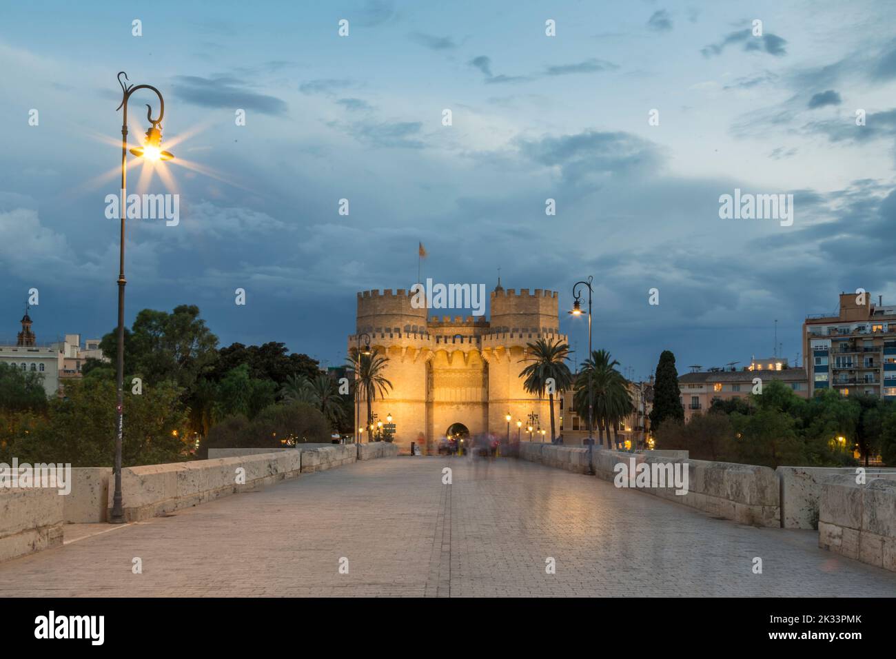 night view of the Serrano gate or Serrano towers from the bridge, front ...