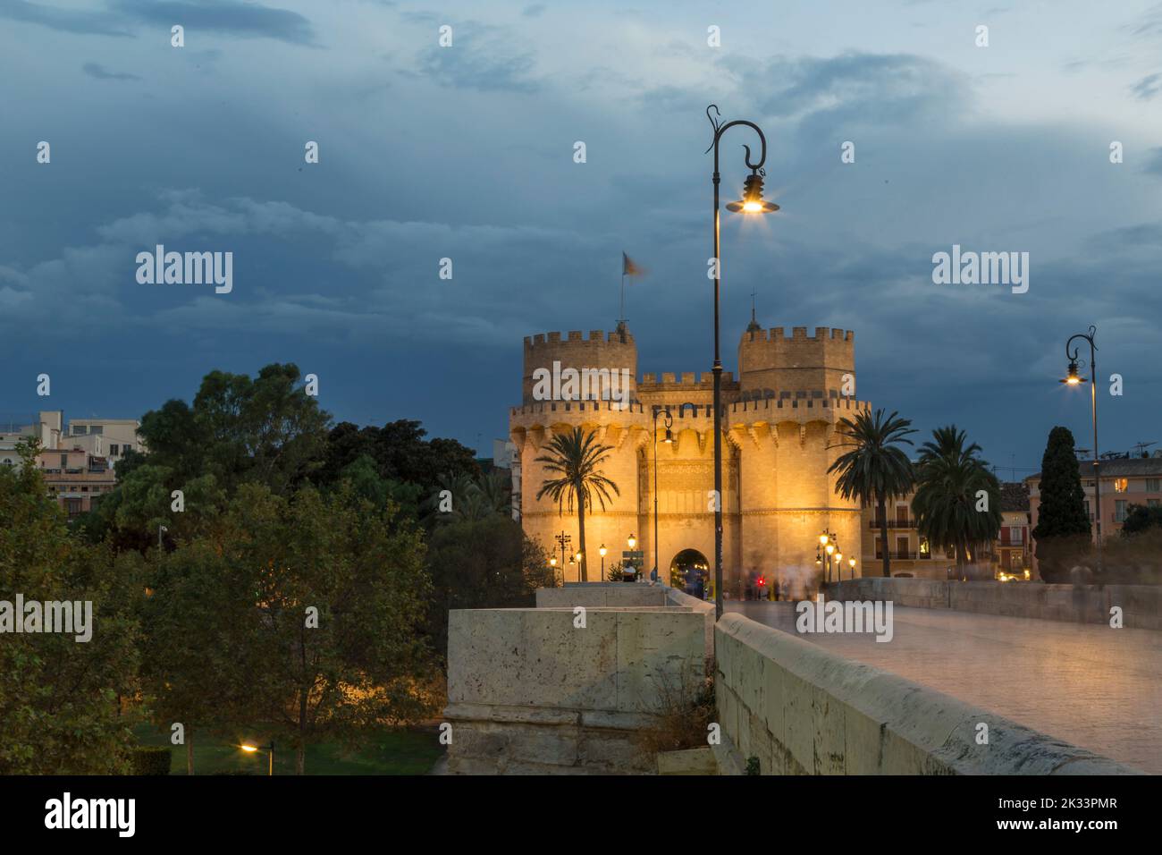 night view of the Serrano gate or Serrano towers from the bridge, front ...