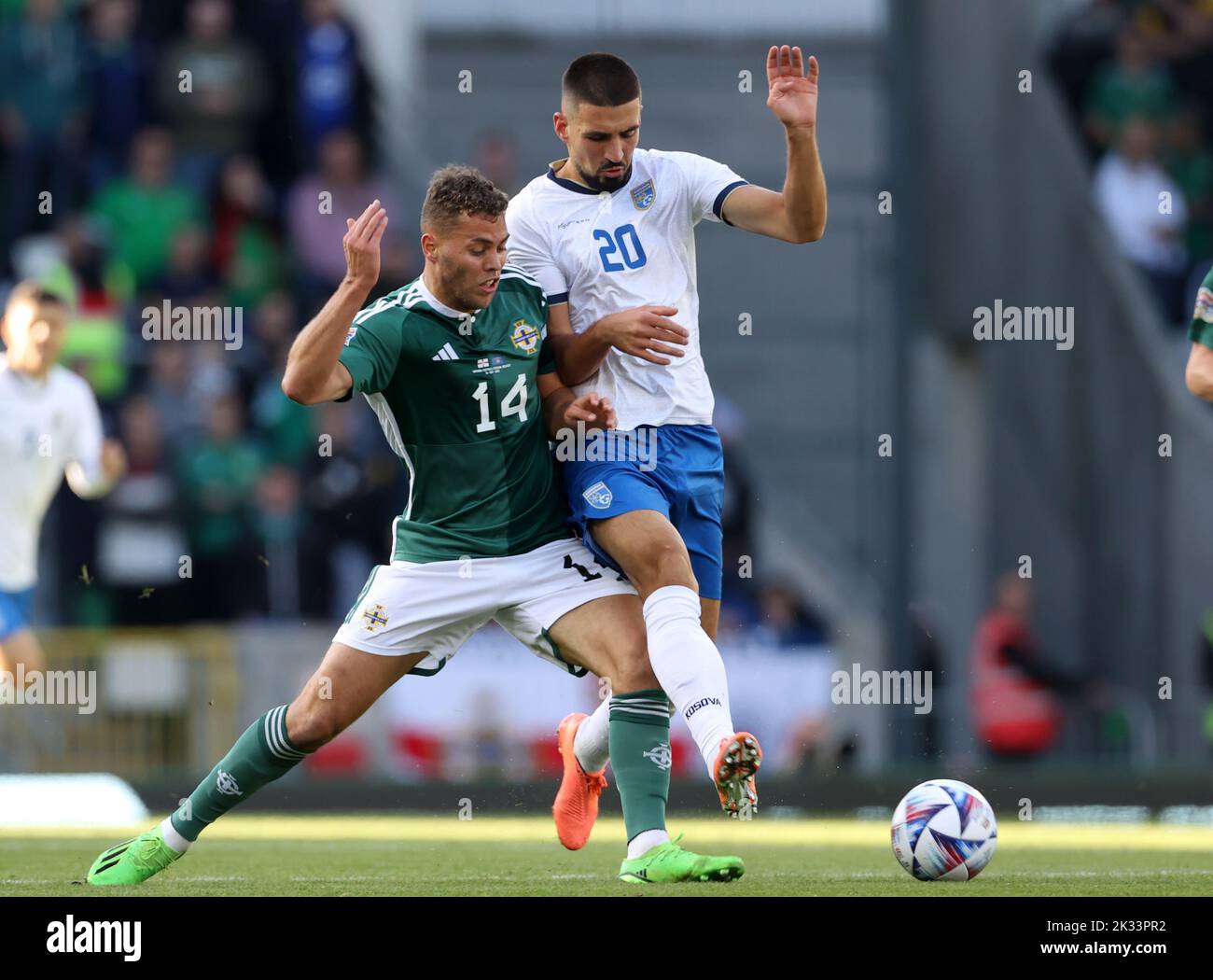 Northern Ireland's Dion Charles (left) and Kosovo's Ibrahim Dresevic ...