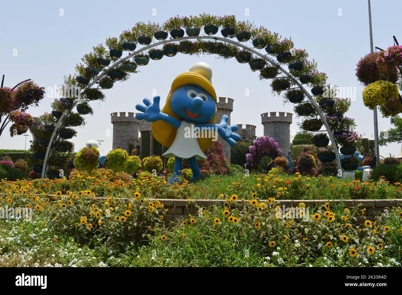 Dubai, UAE. June 01, 2022: A giant figure of a Smurf spreading her arms ...